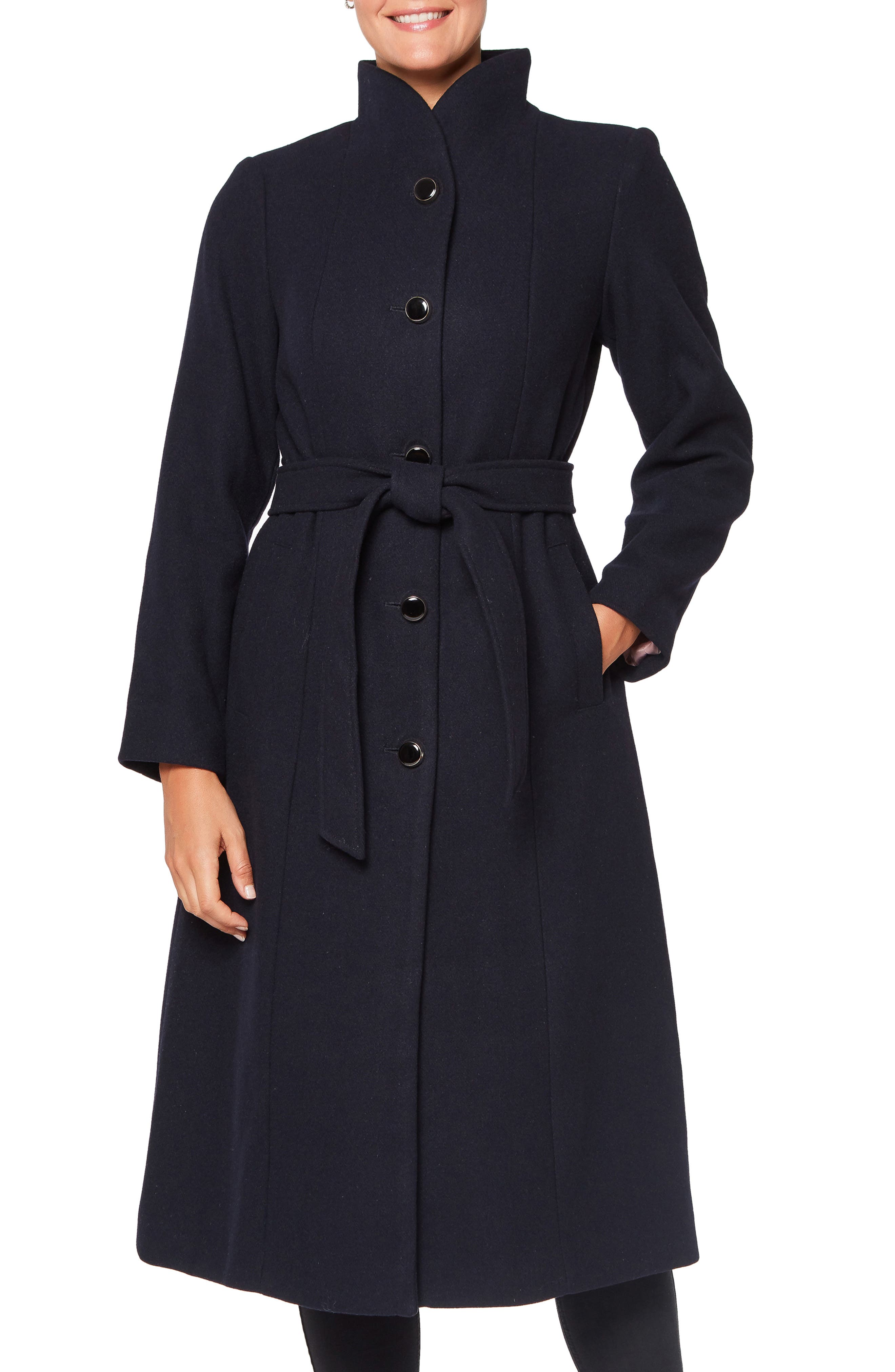 Kate Spade New York Long Belted High Neck Coat In Midnight Navy
